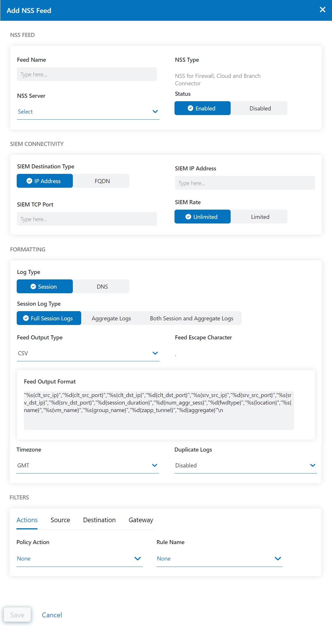 Adding NSS Feeds for Session Logs | Zscaler